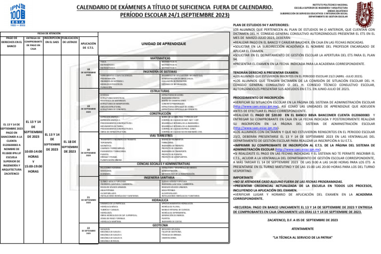 Inscripción y Exámenes ETS 2023 Zacatenco | PDF
