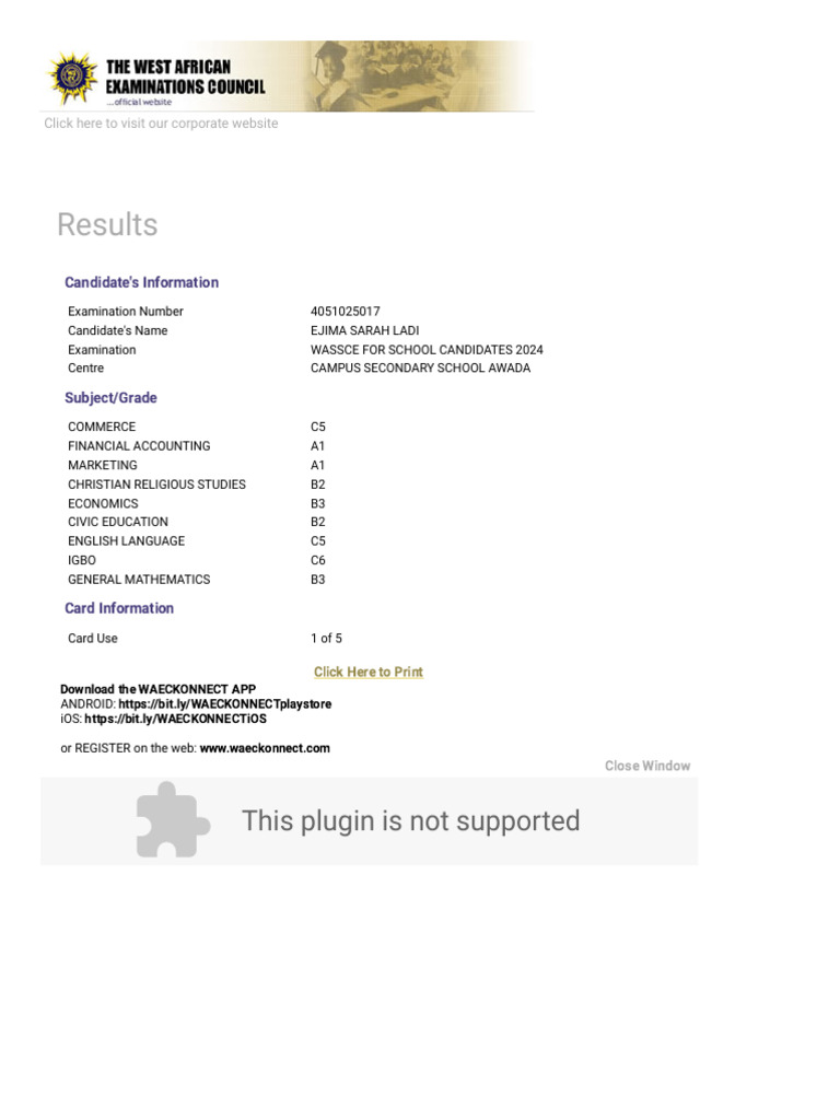 Waecdirect Online - Results | PDF