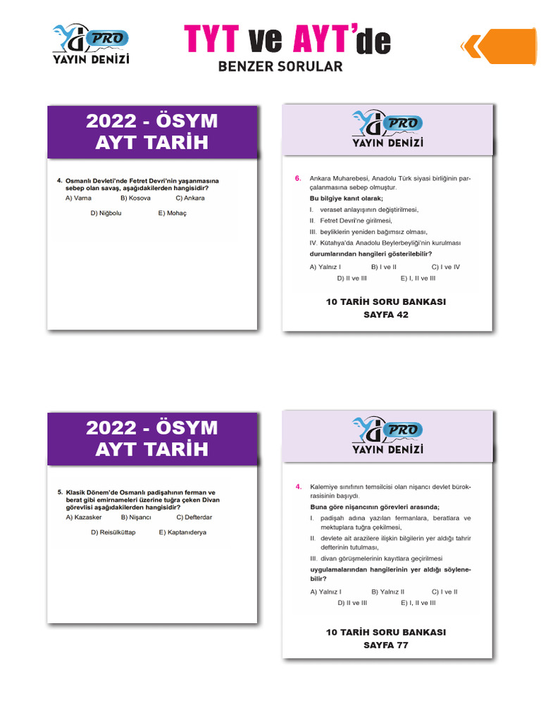 Yayin Deni̇zi̇ Yks 2022 Tyt-Ayt Tari̇h Benzer Sorular | PDF