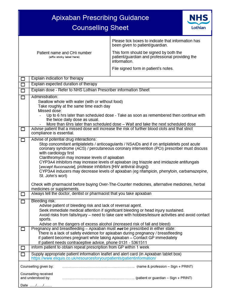 Apixaban Patient Counselling Sheet | PDF | Bleeding | Drugs
