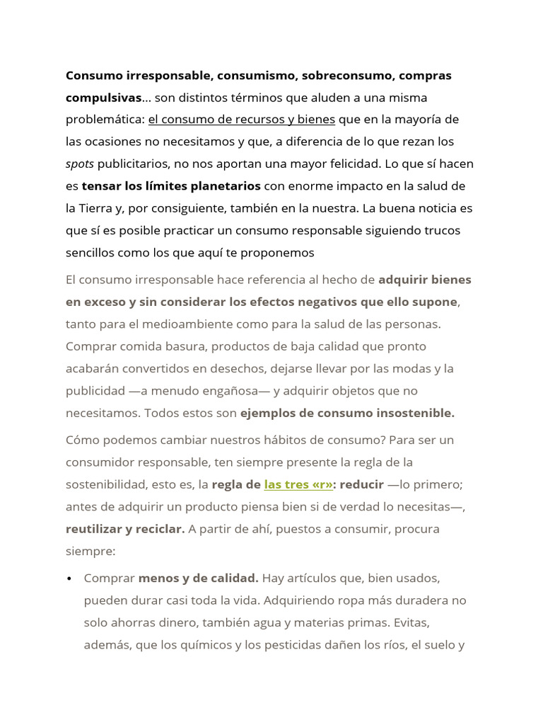 Consumo Irresponsable, Consumismo, Sobreconsumo, Compras Compulsivas | PDF