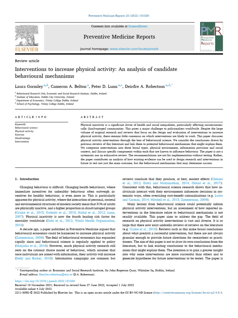 Interventions to increase physical activity- An analysis of candidate behavioural mechanisms | PDF