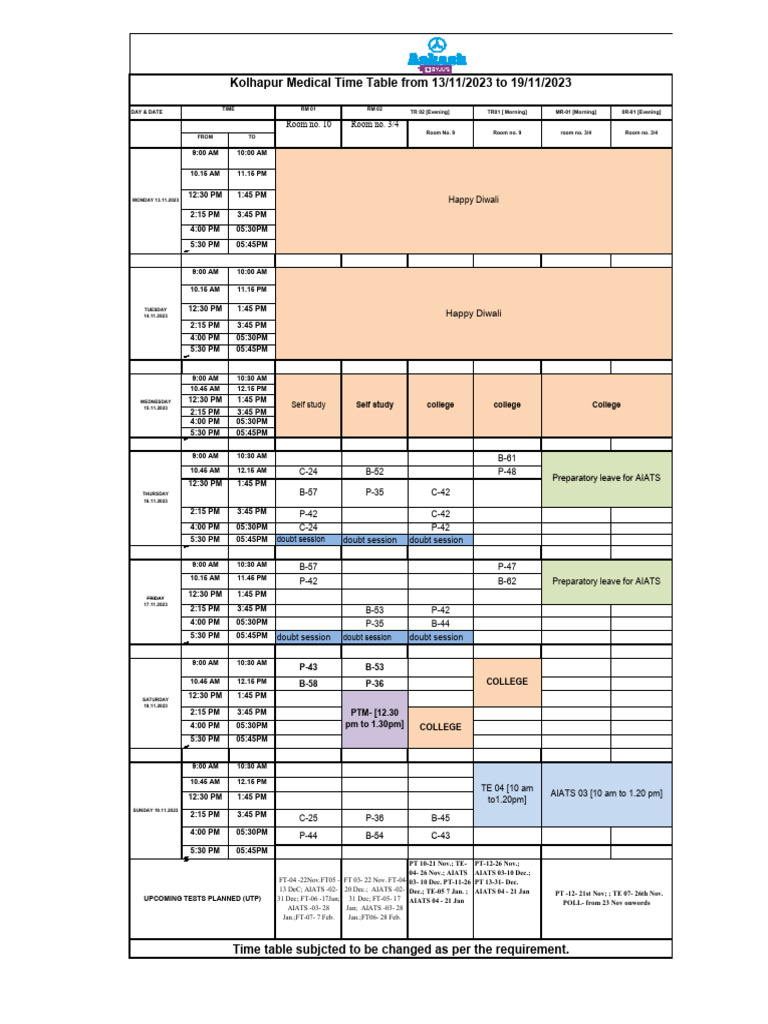Kolhapur Medical Time Table From 13/11/2023 To 19/11/2023: Room No. 10 ...