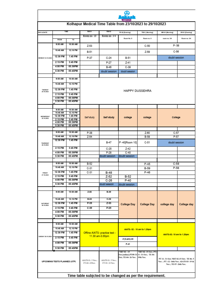 Kolhapur Medical Time Table From 23/10/2023 To 29/10/2023: Room No. 10 Room No. 3/4 | PDF
