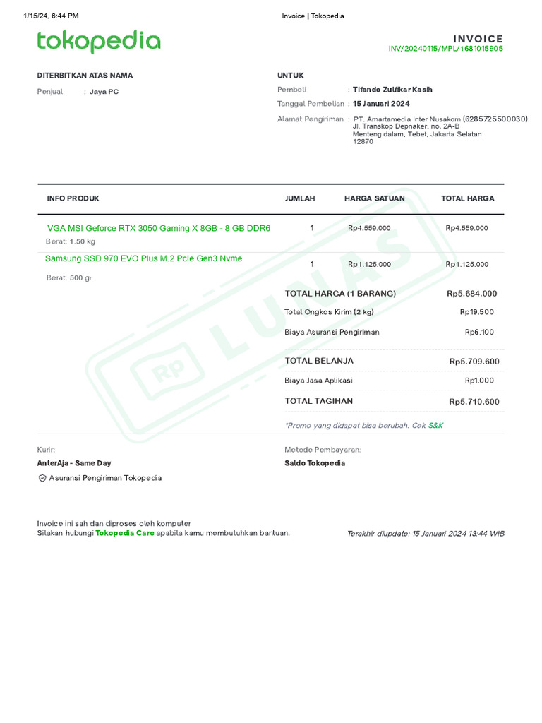 Invoice Tokopedia INV20240115MPL1681015905 | PDF