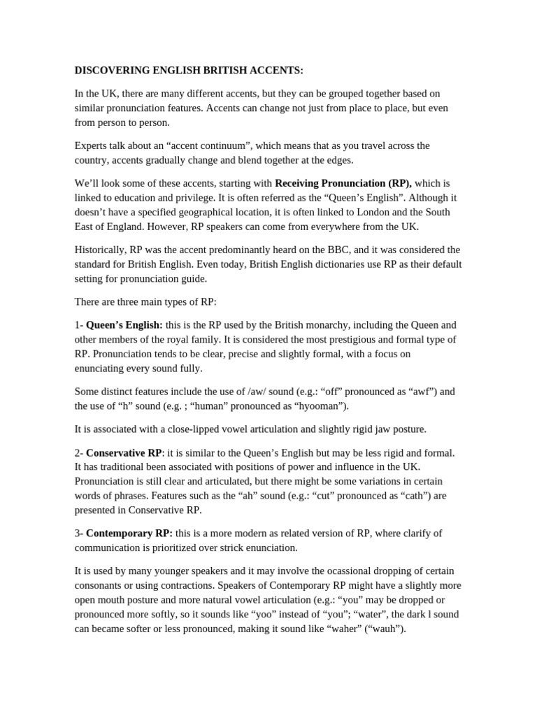 DISCOVERING ENGLISH BRITISH ACCENTS Oral Phonetics Final Test | PDF