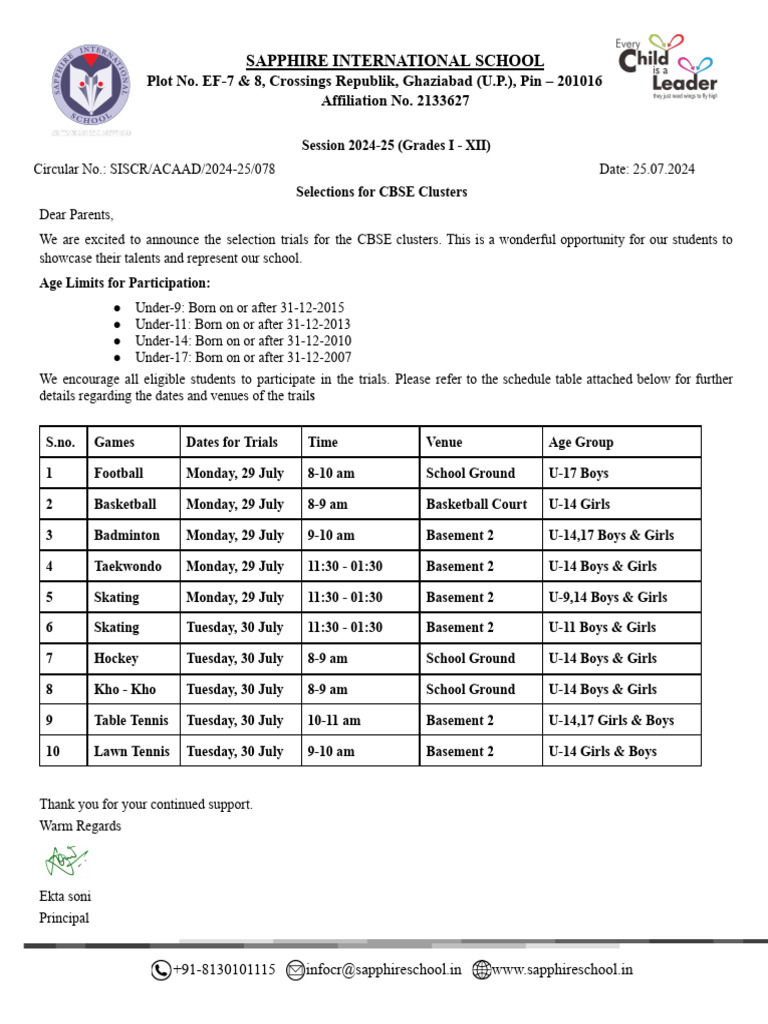 CBSE Cluster Trials (Grade I - XII) | PDF