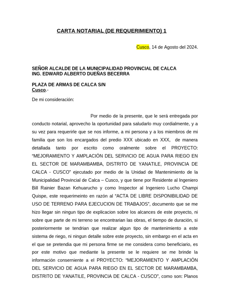 Carta Notarial Requerimiento | PDF
