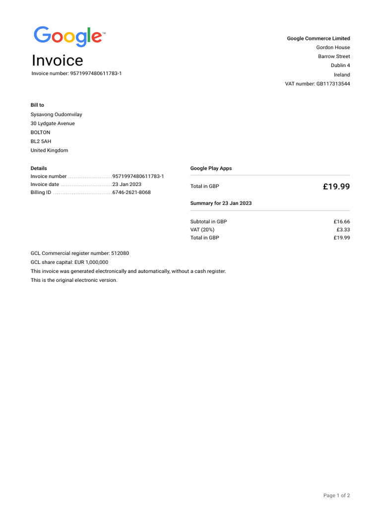 Invoice: Google Commerce Limited | PDF