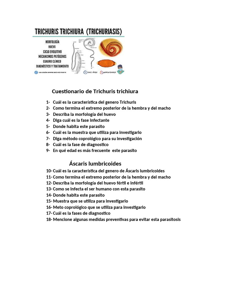 Cuestionario de Trichuris Trichiura Ascaris | PDF