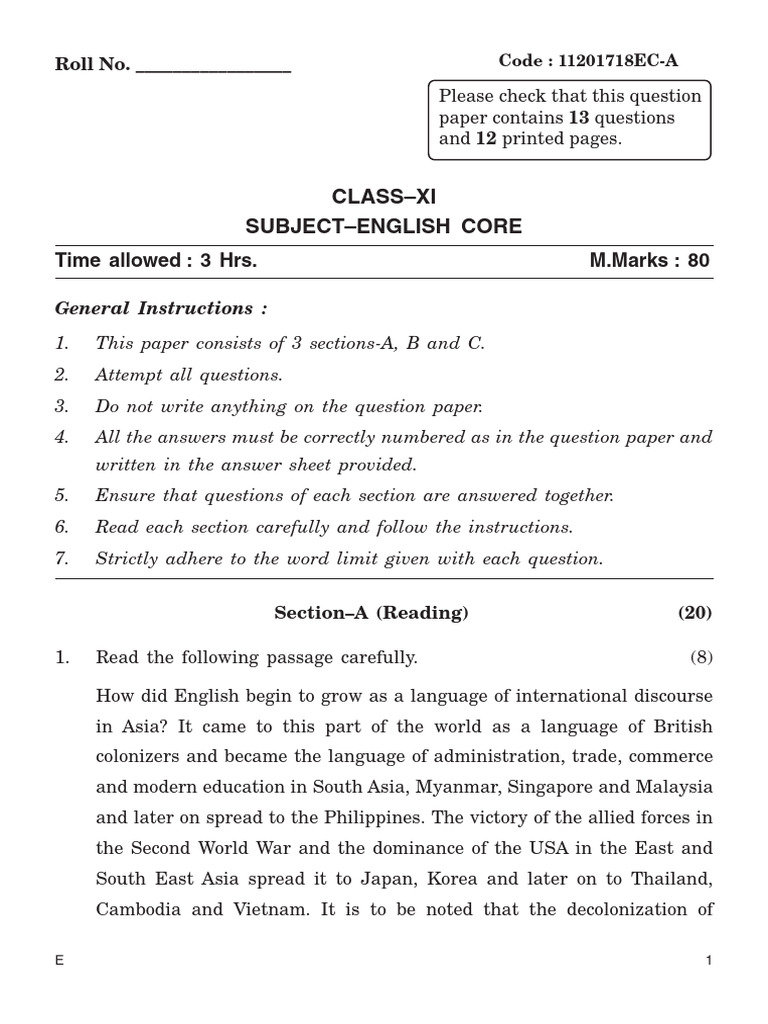English Core Class XI Exam Paper | PDF
