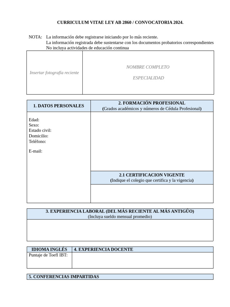 Formato Curriculum Vitae Programa CCHC | PDF | Crecimiento personal y profesional