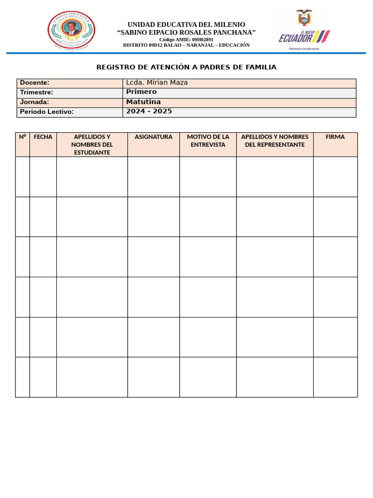 Registro De Atención A Padres De Familia Pdf