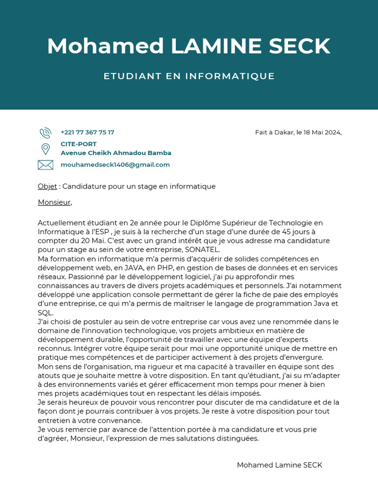 Mohamed Lamine Seck: Etudiant en Informatique | PDF