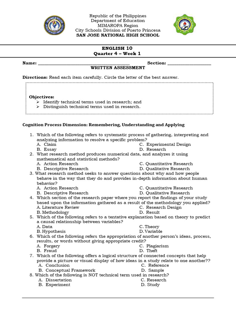 Grade 10 Q4W1 Written Test | PDF | Methodology | Career & Growth