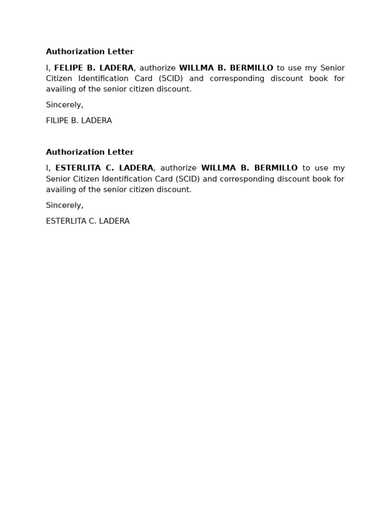 Authorization Letter - Senior Citizens | PDF