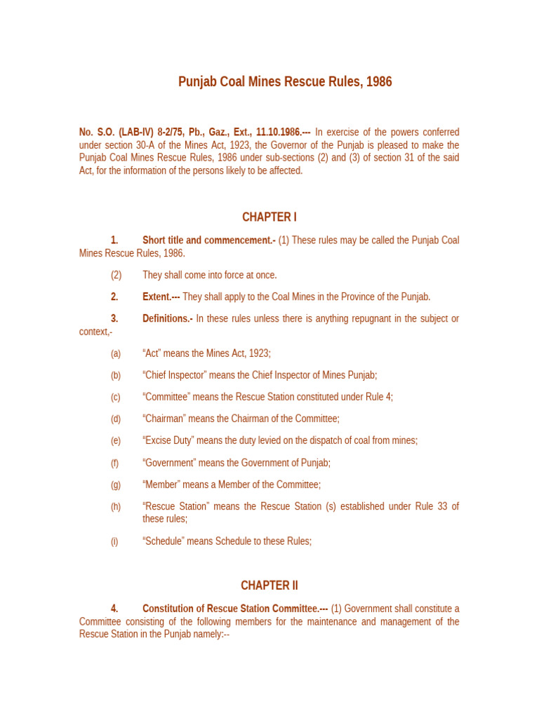 Punjab Coal Mines Rescue Rules, 1986 | PDF