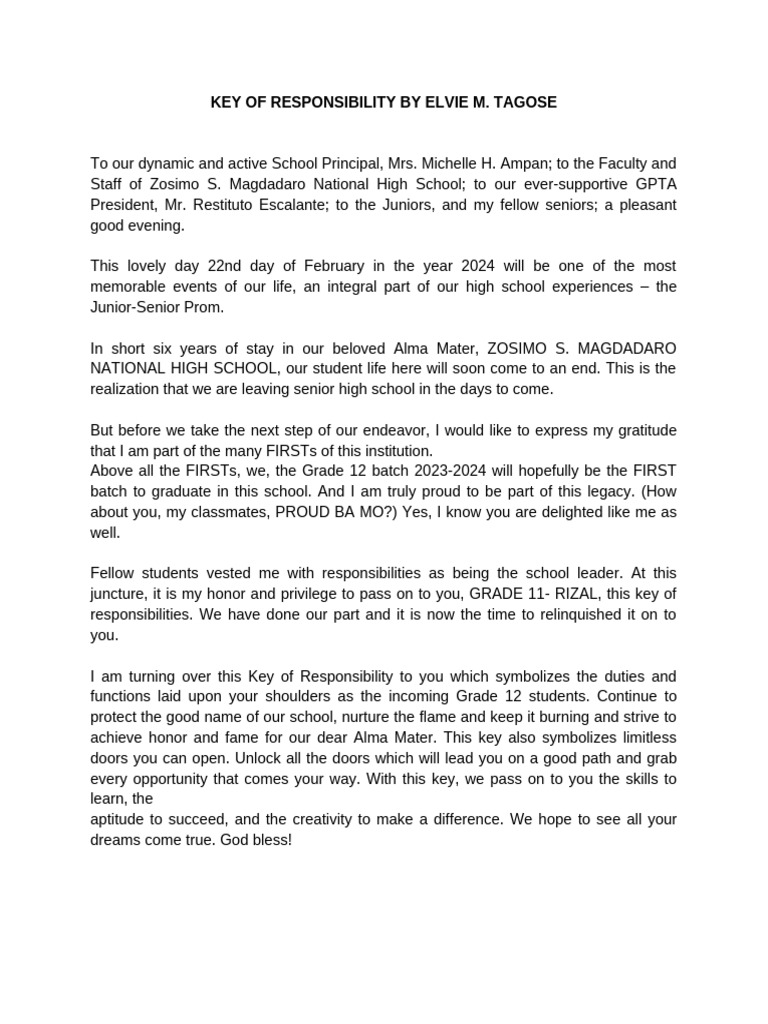 Key of Responsibility by Elvie M | PDF