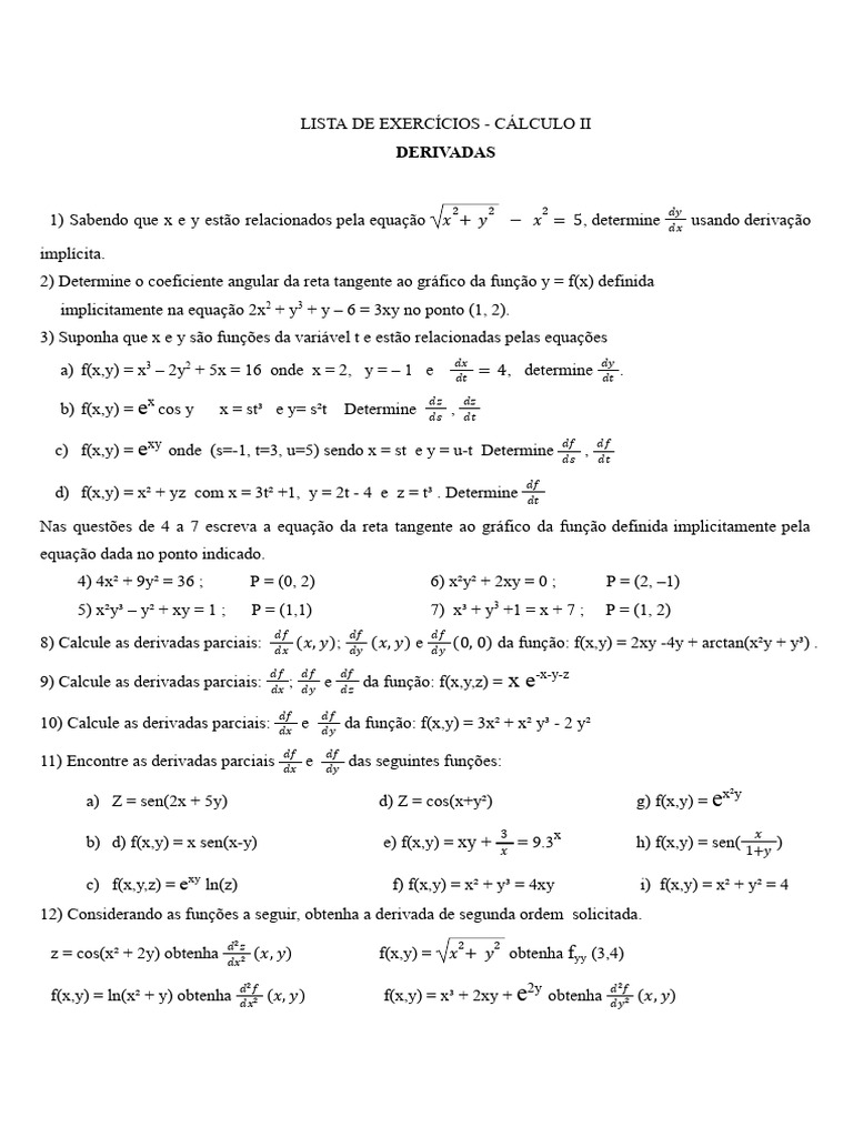 Lista Derivadas - Clculo II | PDF