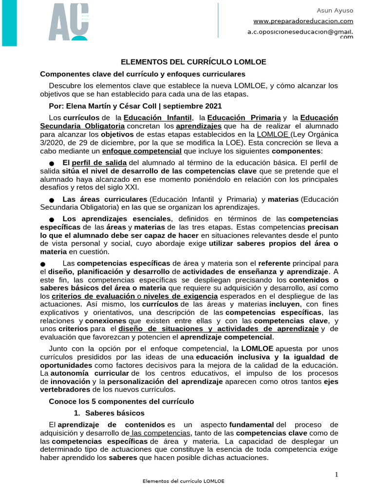 Elementos Clave del Currículo LOMLOE | PDF | Plan de estudios ...
