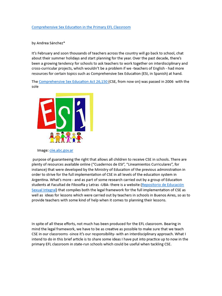 Comprehensive Sex Education In The Primary Efl Classroom Pdf