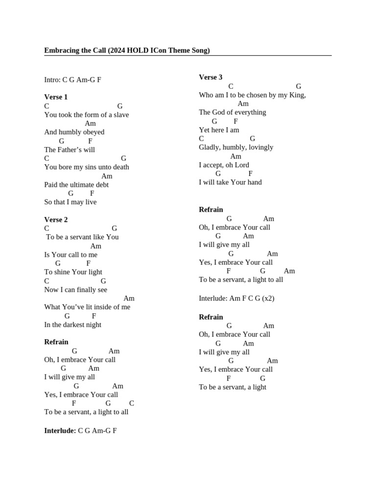 S5 - Embracing The Call (Song Lyrics) | PDF