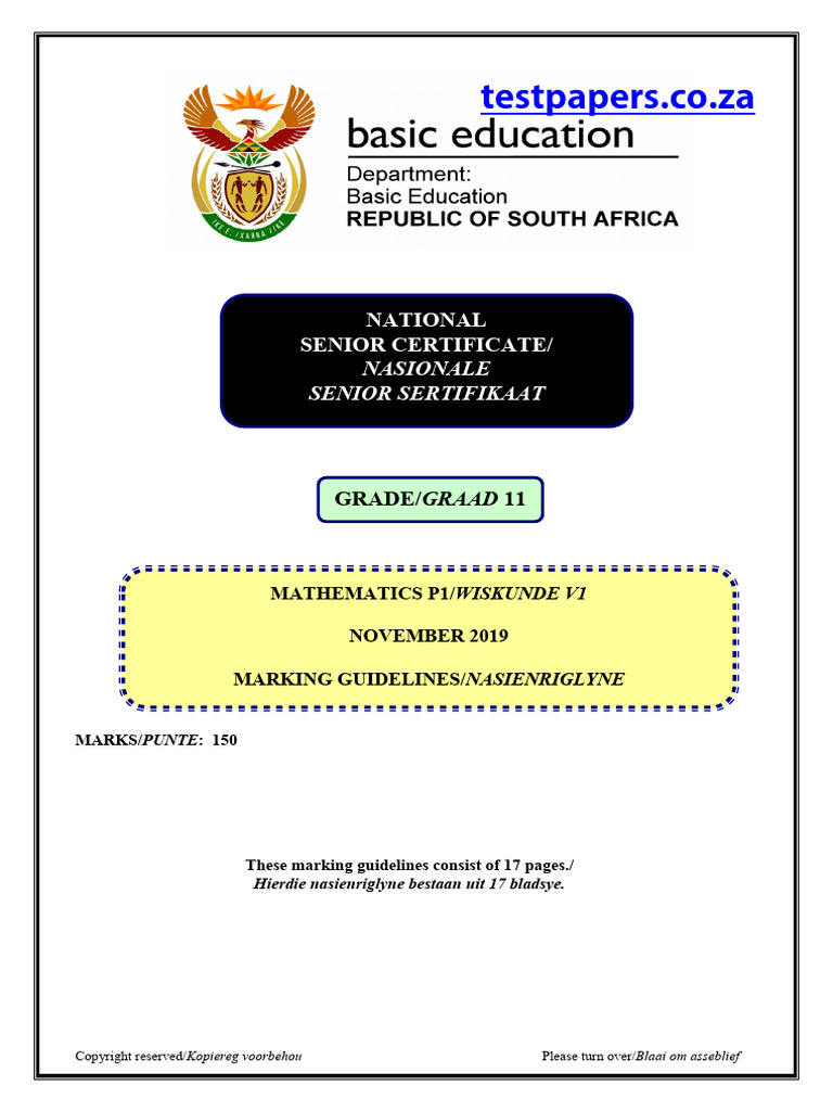 Gr11 Math P1 (Afrikaans and English) November 2019 Possible Answers | PDF