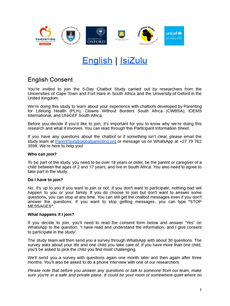 South Africa ParentText RCT Consent | PDF