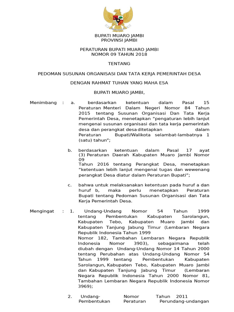 Perbup No. 09 THN 2018 Tentang SOTK Desa | PDF