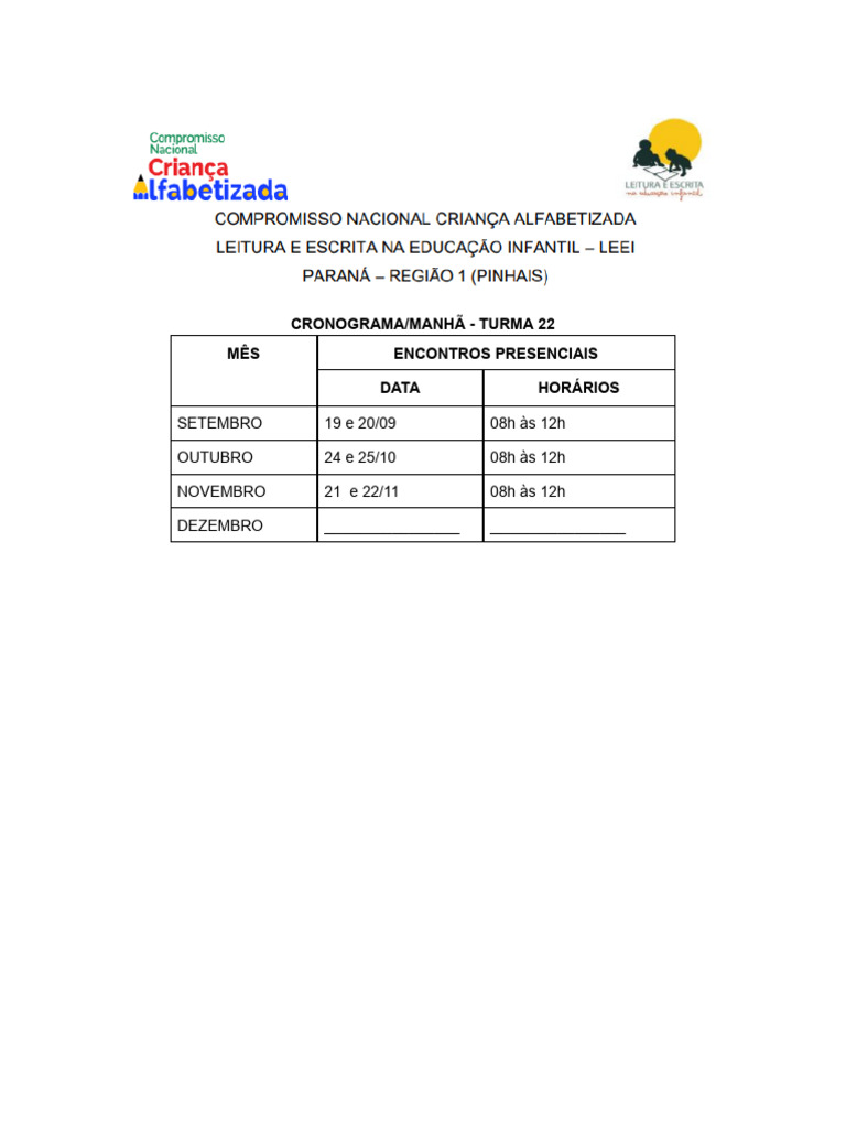 Cronograma - Manhã - Turma 22 | PDF