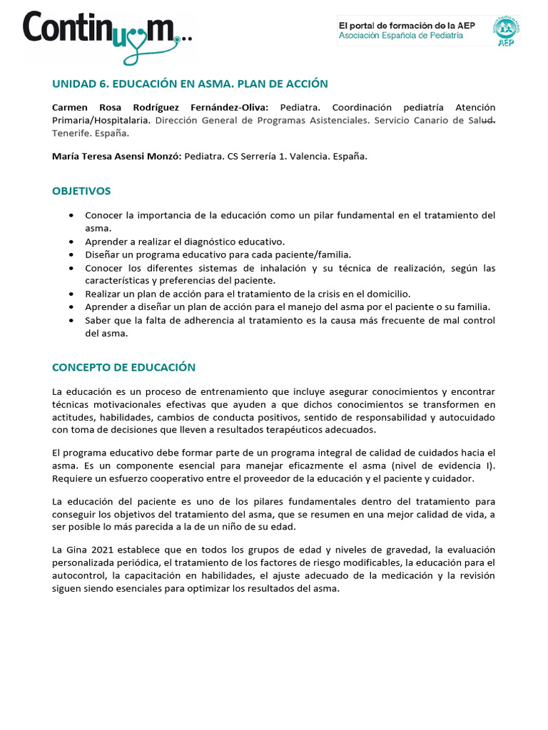 UNIDAD 6. EDUCACIÓN EN ASMA. PLAN DE ACCIÓN. 2022 | PDF