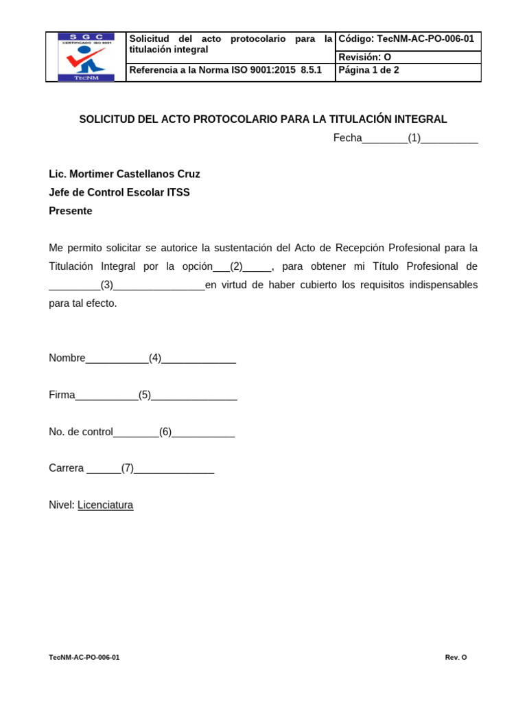 TecNM AC PO 006 01 Solicitud Del Acto Protocolario para La Titulacion Integral | PDF ...