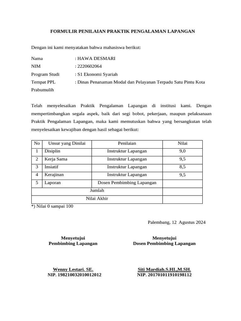 Formulir Penilaian Praktik Pengalaman Lapangan | PDF Formulir Penilaian Praktik Pengalaman Lapangan | PDF
