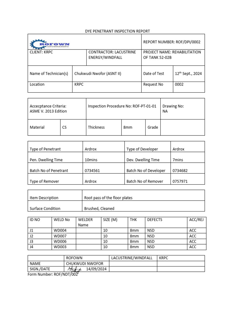 Windfall - Report of Dye Penetrant Test On The Root Pass of The Floor ...