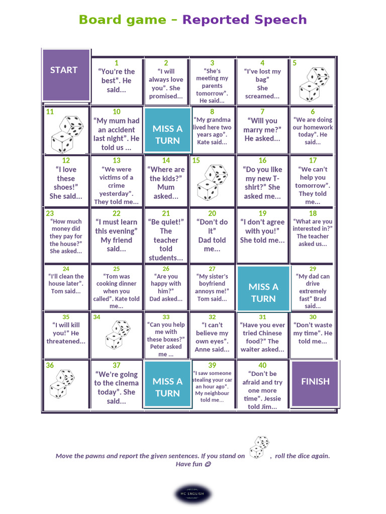 Reported Speech Board Game Answers | PDF