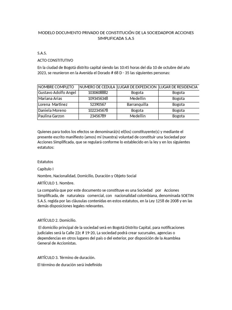 Modelo Documento Privado de Constitución de La Sociedadpor Acciones Simplificada S | PDF
