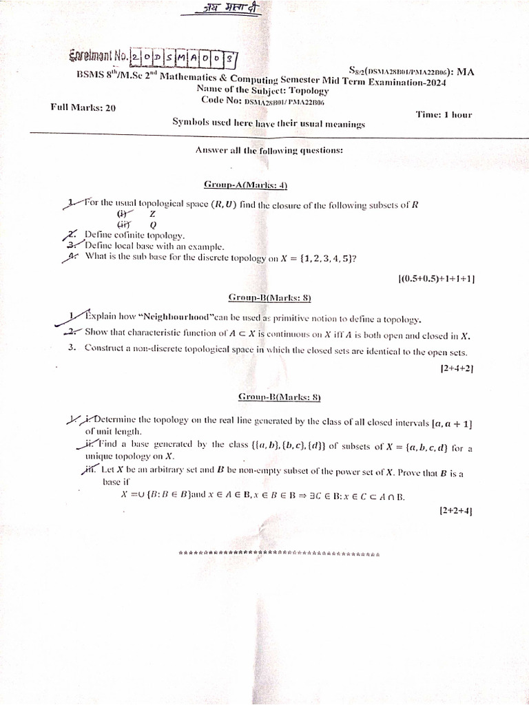 8th Sem Topology Mid Term Question Paper | PDF