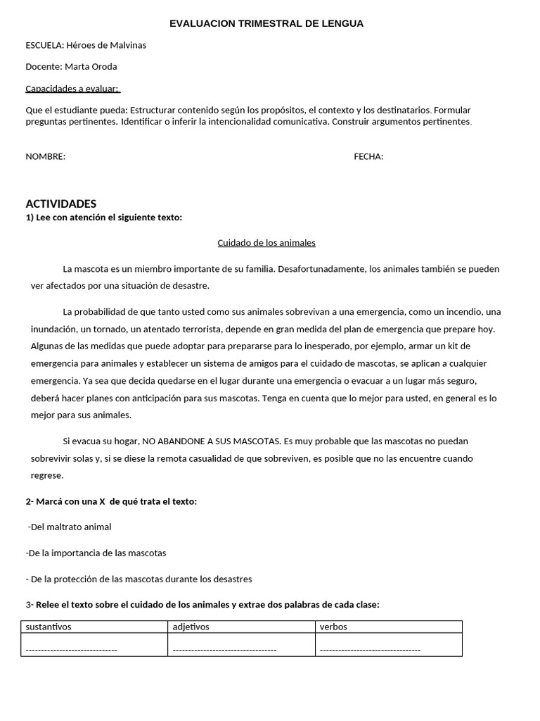 Evaluacion Trimestral de Lengua 3ro B Heroes | PDF