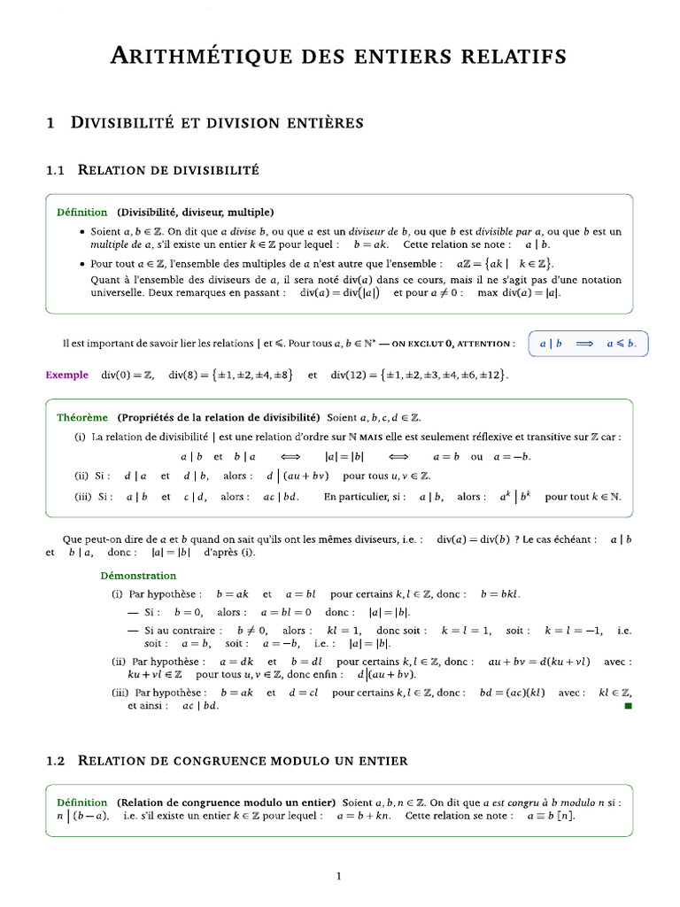 Unité 1 Arithmétique Des Entiers Relatifs | PDF