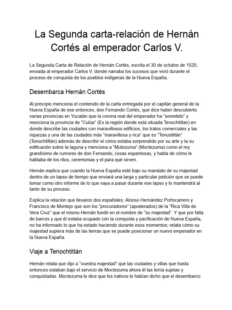 La Segunda Carta-Relación de Hernán Cortés Al Emperador Carlos V | PDF
