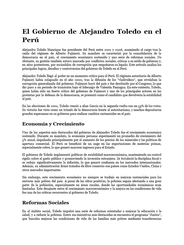 El Gobierno de Alejandro Toledo en El Perú | PDF