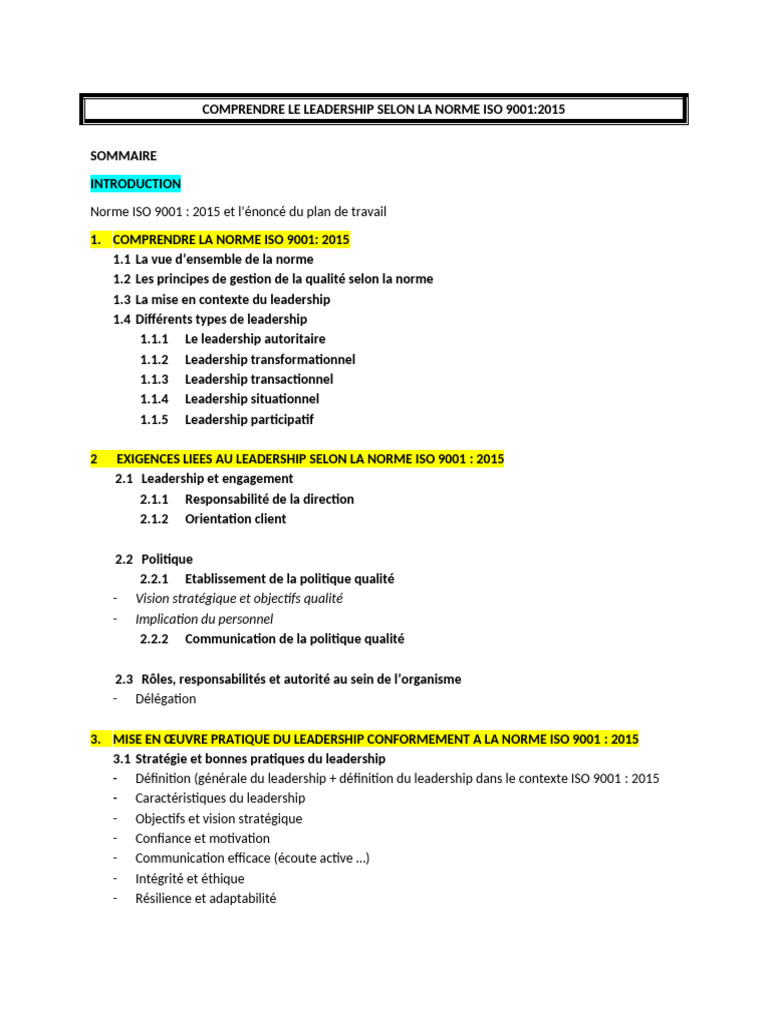 Sommaire - Comprendre Le Leadership Selon La Norme Iso 9001 | PDF