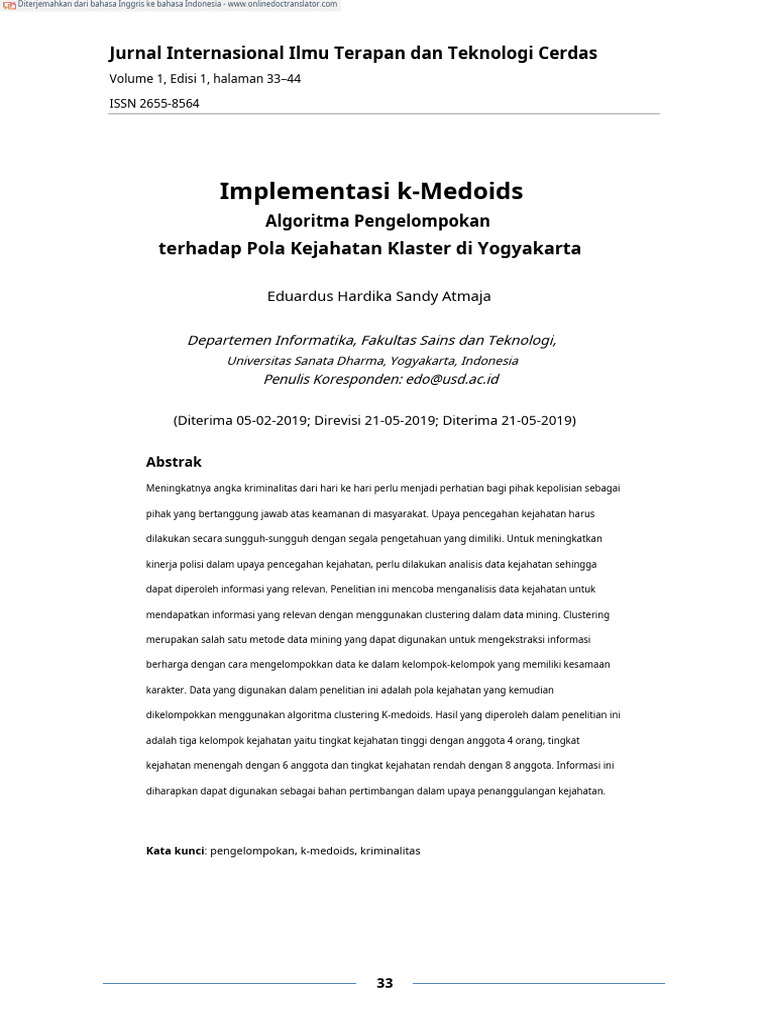 Implementasi Algoritma Clustering K-Medoids Terhadap Pola Kejahatan Cluster Di Yogyakarta - En ...
