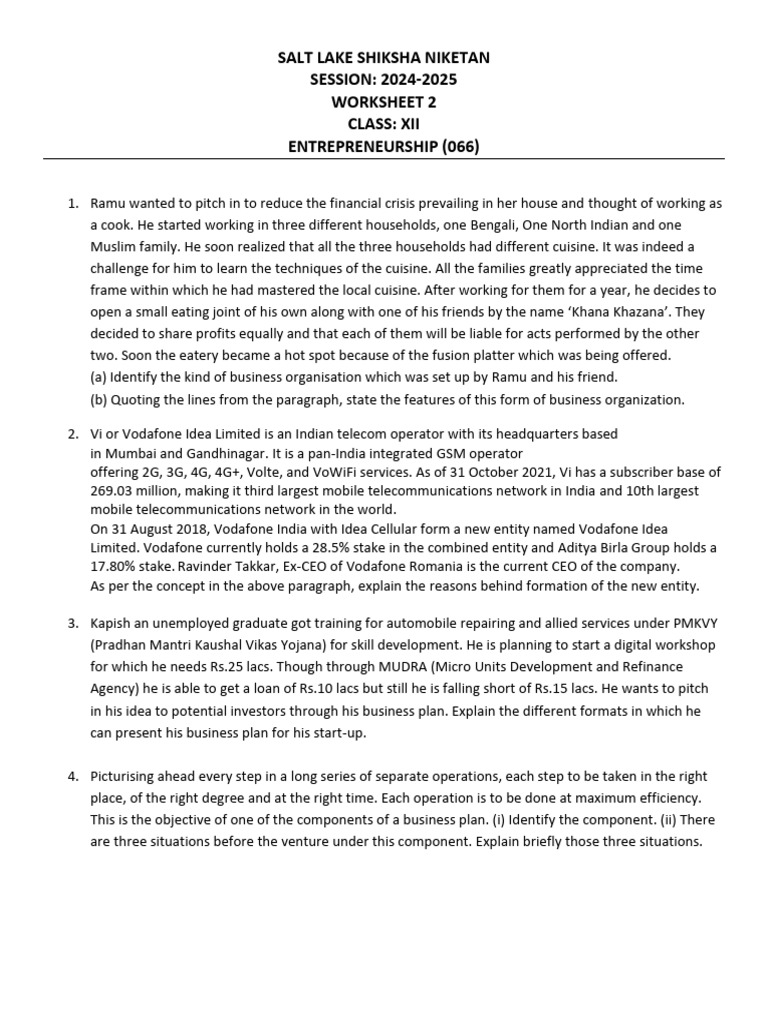 ENTREPRENEURSHIP WORKSHEET | PDF