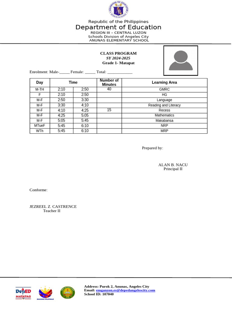 Grade - Section - CLASS PROGRAM For SY 2024-2025 | PDF