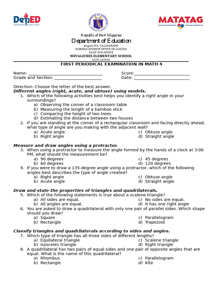Q1 G4 Exam Math | PDF
