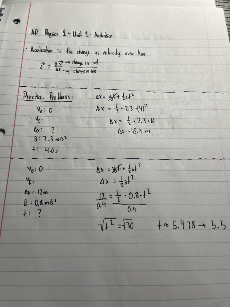 Physics - Acceleration Calculating Notes | PDF