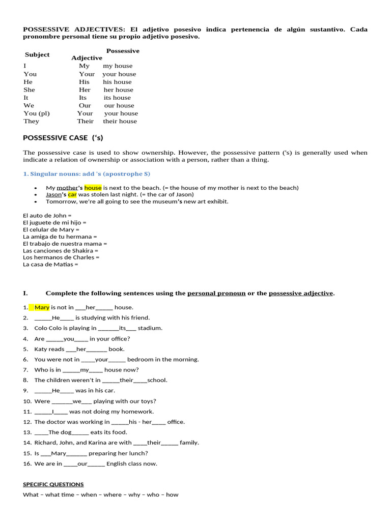Possessive Adjectives Exercises | PDF | Grammar | Syntax