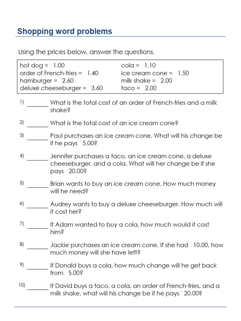 Grade 3 Counting Money Shopping Problems A | PDF