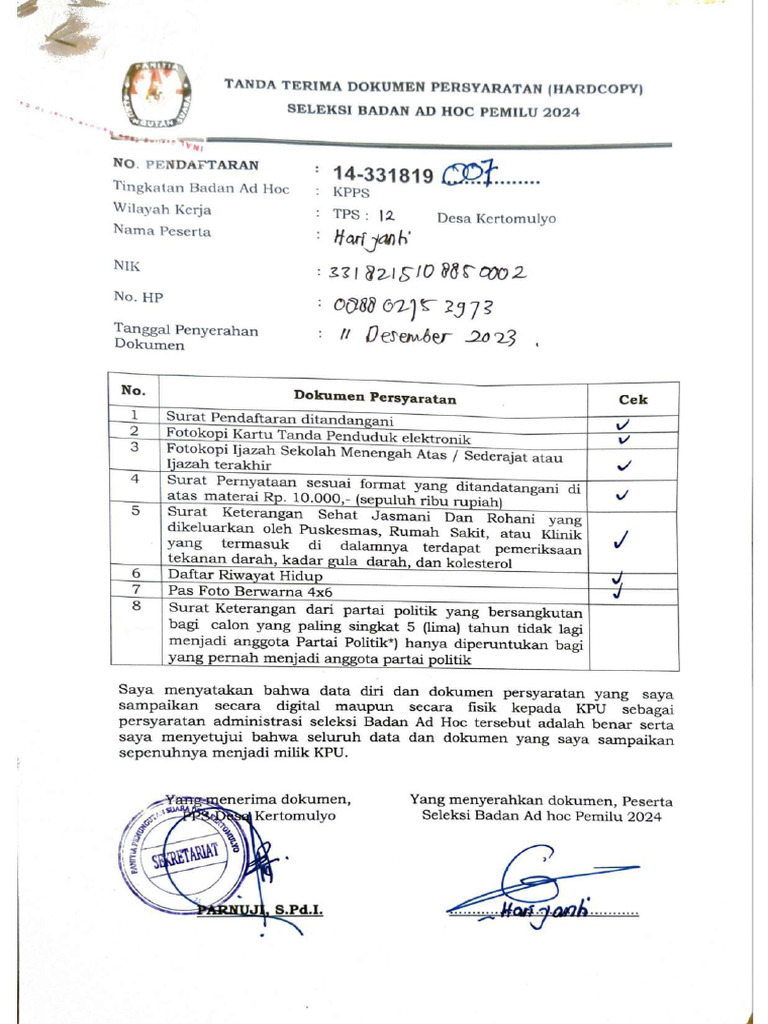 007 TPS 12 Hariyanti - Tanda Terima Dokumen Persyaratan | PDF